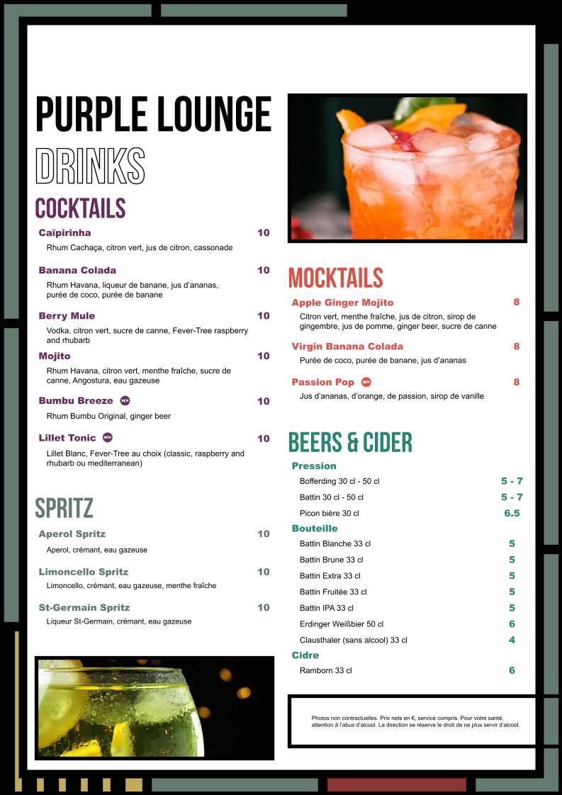 Menu au Purple Lounge restaurant, Mondorf-les-Bains