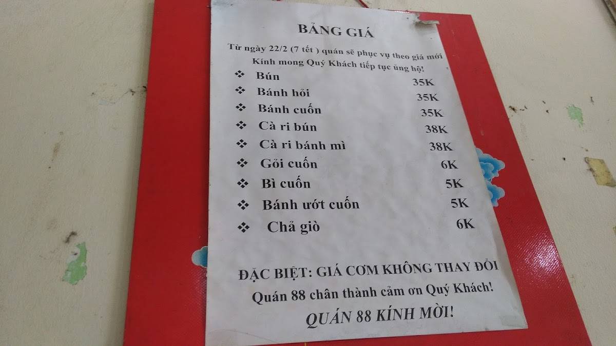 Menu at Quán Bún Thịt Nướng 88 restaurant, Ho Chi Minh City, 88 Đ. Mạc ...