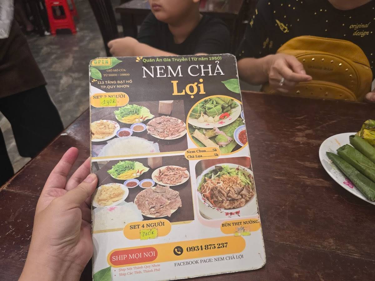 Menu at Quán Nem chả Lợi restaurant, Qui Nhơn