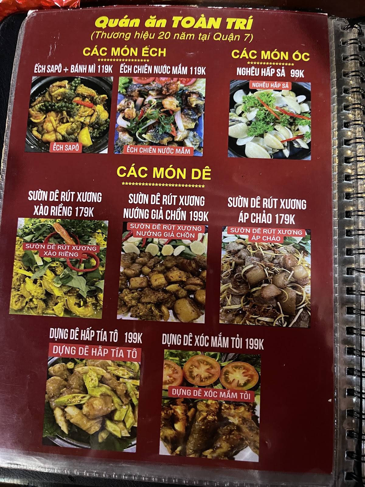 Menu at Quán ăn Toàn Trí restaurant, Ho Chi Minh City, 39 Rạch Bùng Binh