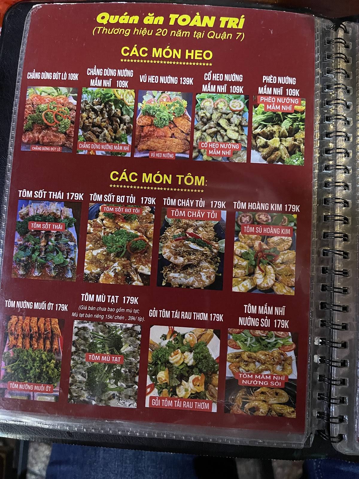 Menu at Quán ăn Toàn Trí restaurant, Ho Chi Minh City, 39 Rạch Bùng Binh