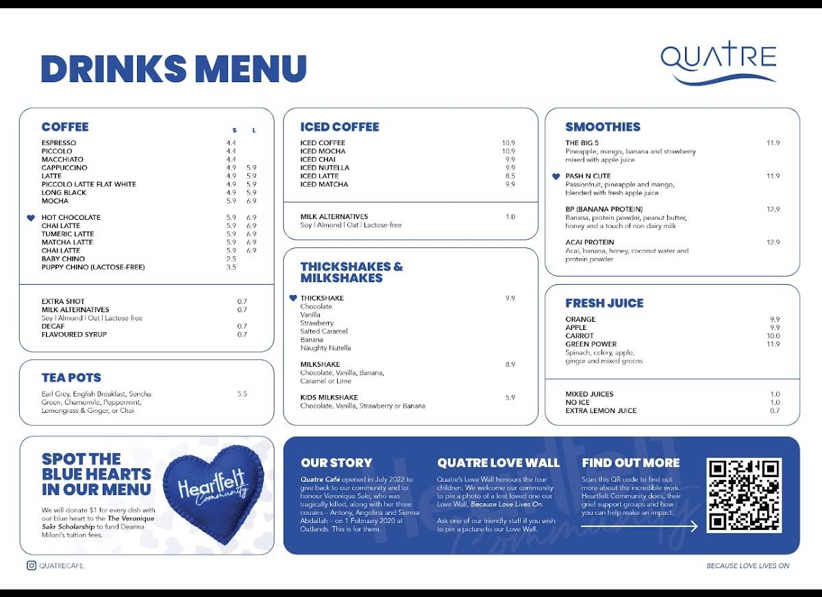 Menu at Quatre Cafe, Strathfield
