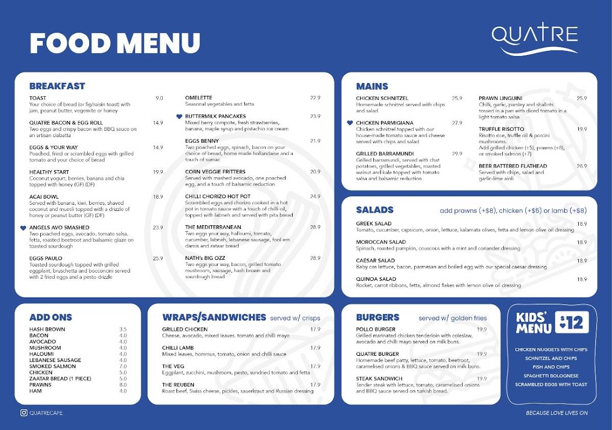 Menu at Quatre Cafe, Strathfield