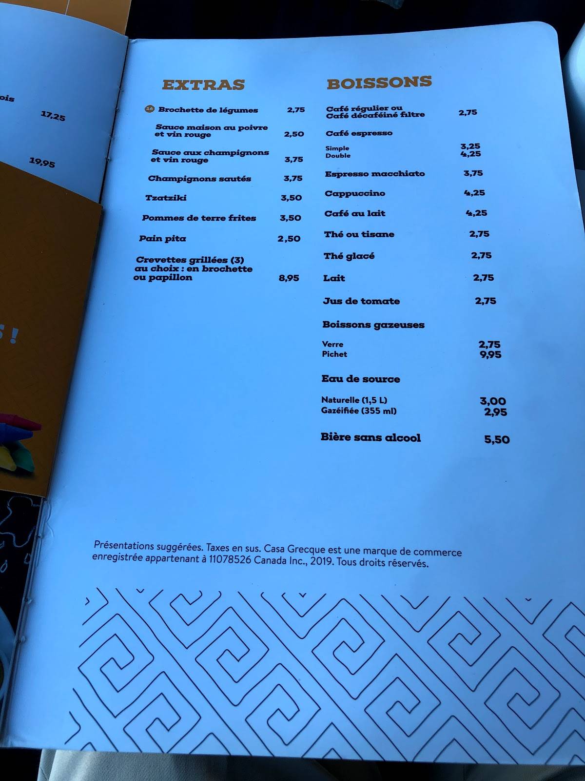 Menu au Casa Grecque restaurant, Québec, 955 Boulevard Pierre-Bertrand