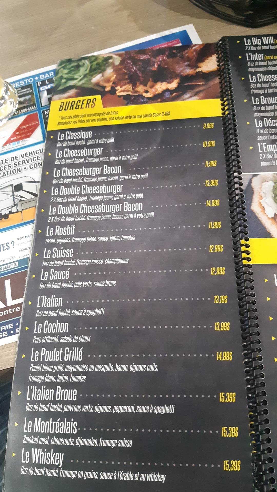 Menu au Québec Broue restaurant, Québec, Wilfrid-Hamel Blvd