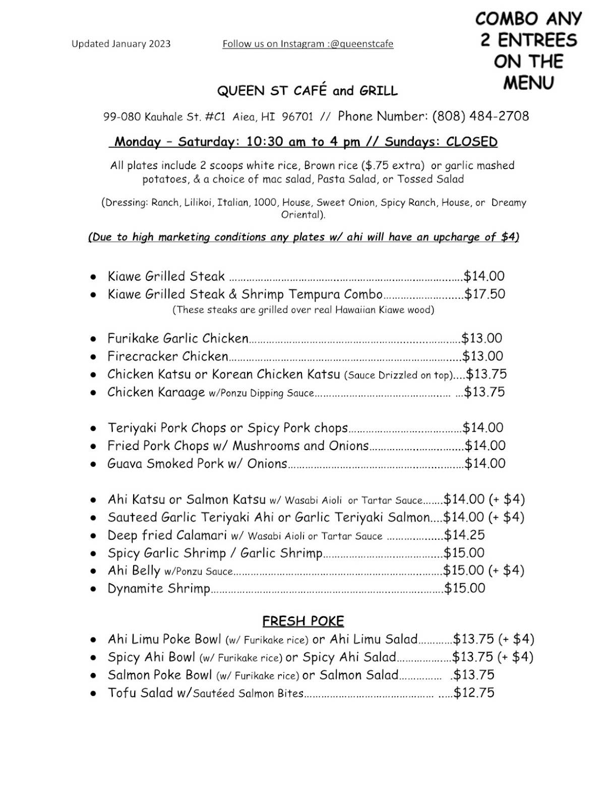 Menu at Queen Street Cafe & Grill, Aiea