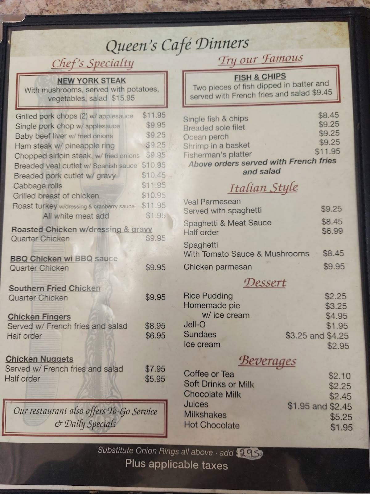 Menu at Queens Café Restaurant, Tillsonburg