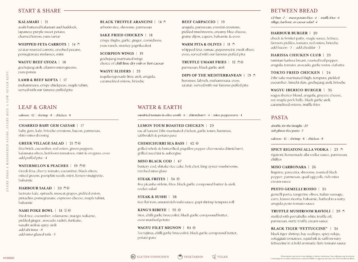 Menu at Queens Harbour restaurant, Toronto