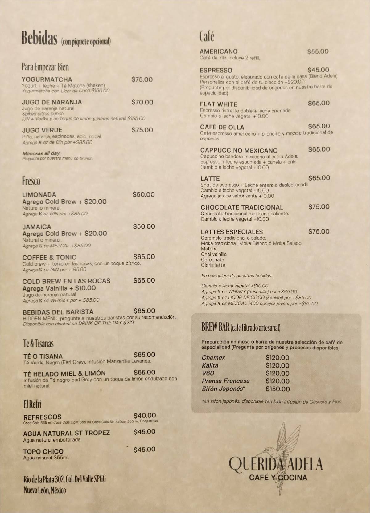 Carta de Querida Adela - Café & Cocina, San Pedro Garza García