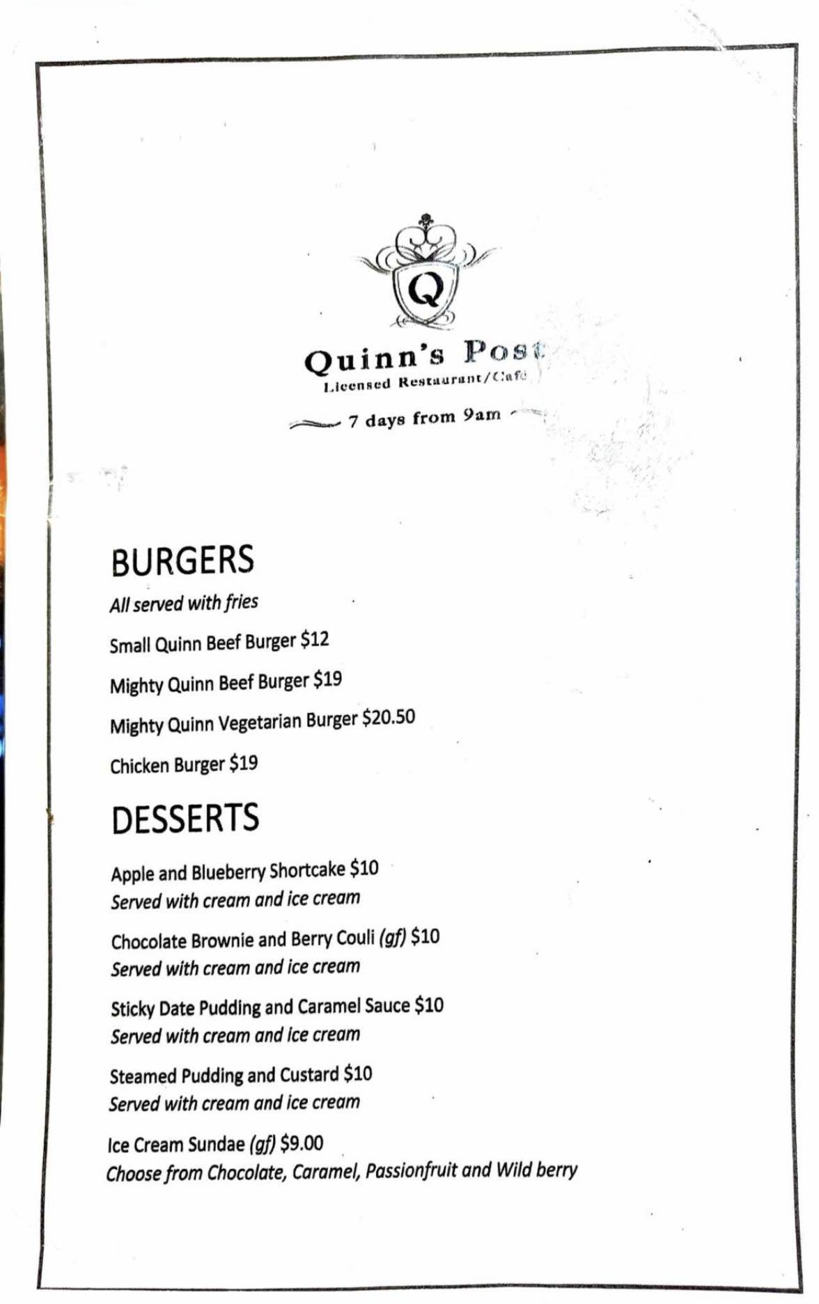 Menu at Quinns Post restaurant, Upper Hutt