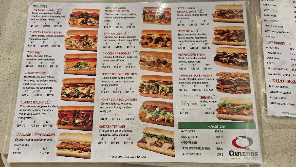 Menu at Quiznos Sub (Belum Sertifikat Halal) cafe, East Jakarta, Jl. Pemuda