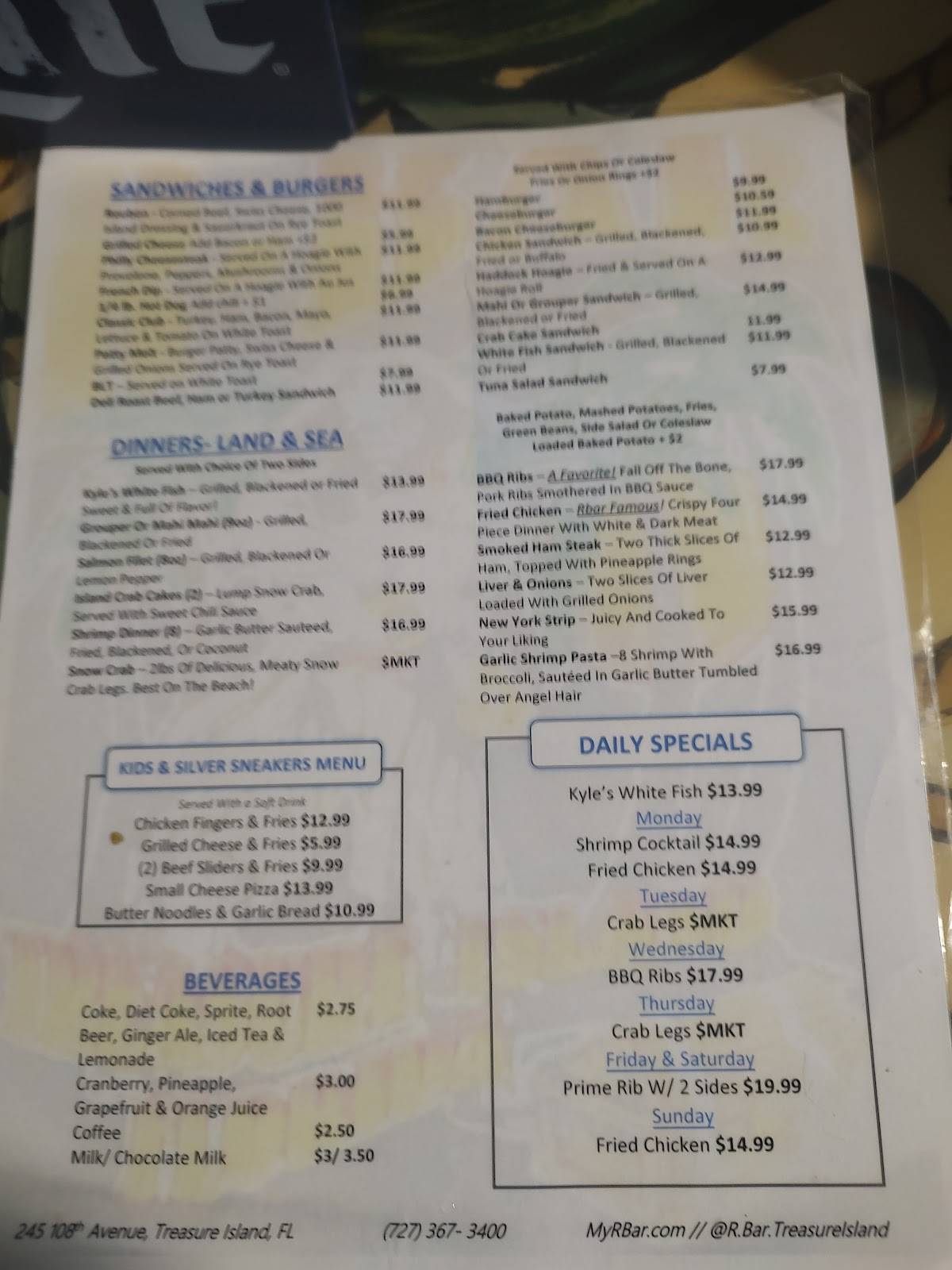 Menu at R Bar, Treasure Island