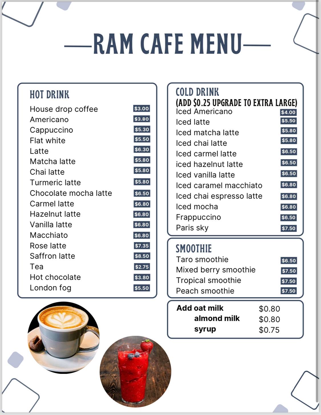 Menu at RAM Cafe, Calgary