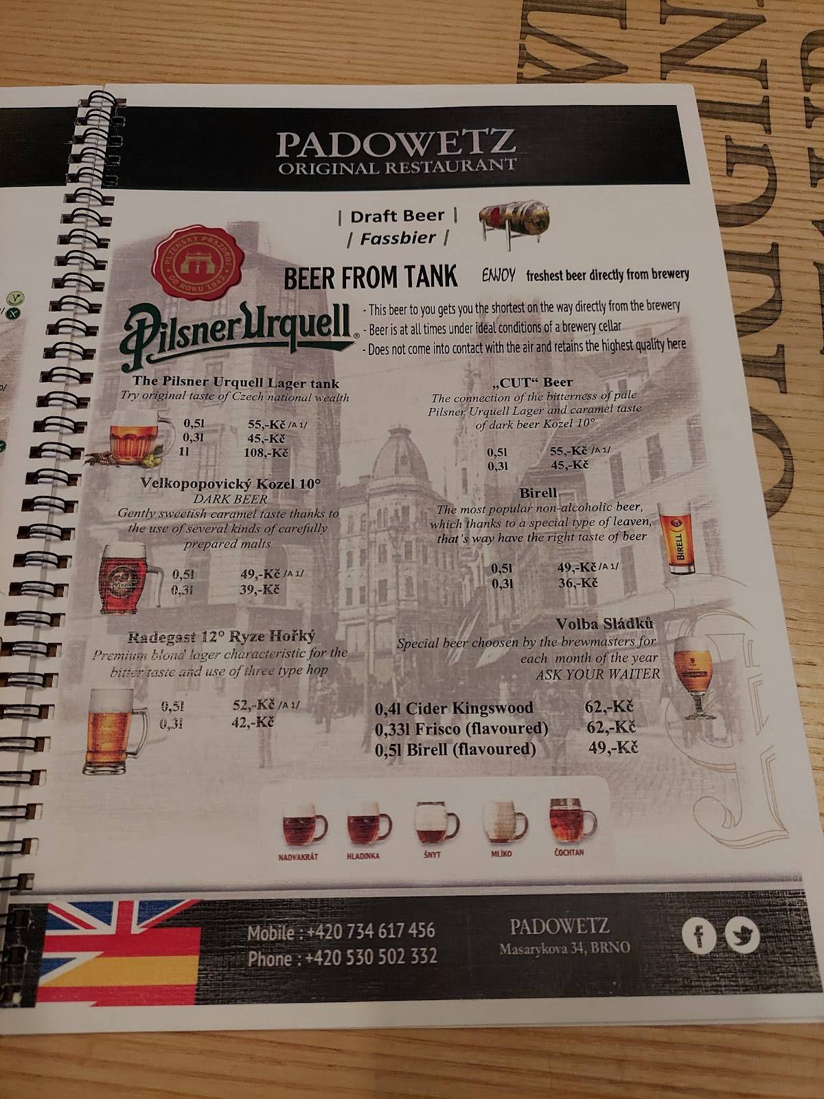 Menu at RESTAURANT&PUB PADOWETZ Pilsner Urquell, Brno