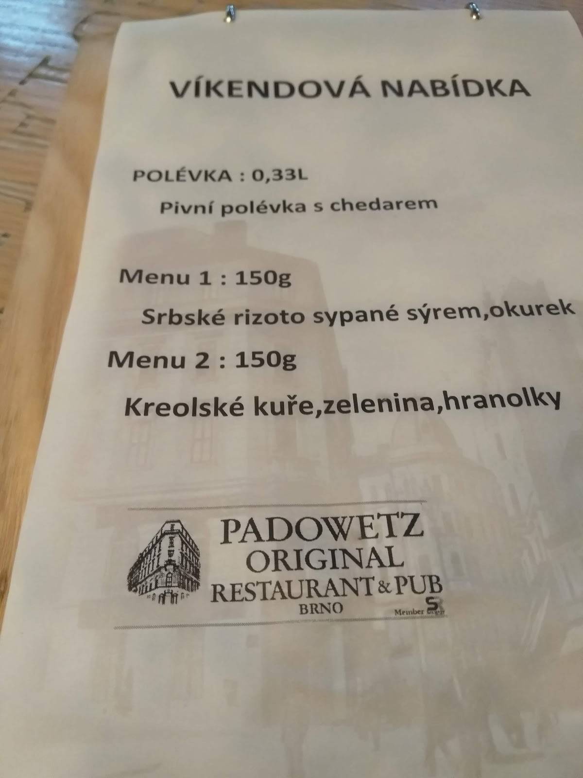 Menu at RESTAURANT&PUB PADOWETZ Pilsner Urquell, Brno
