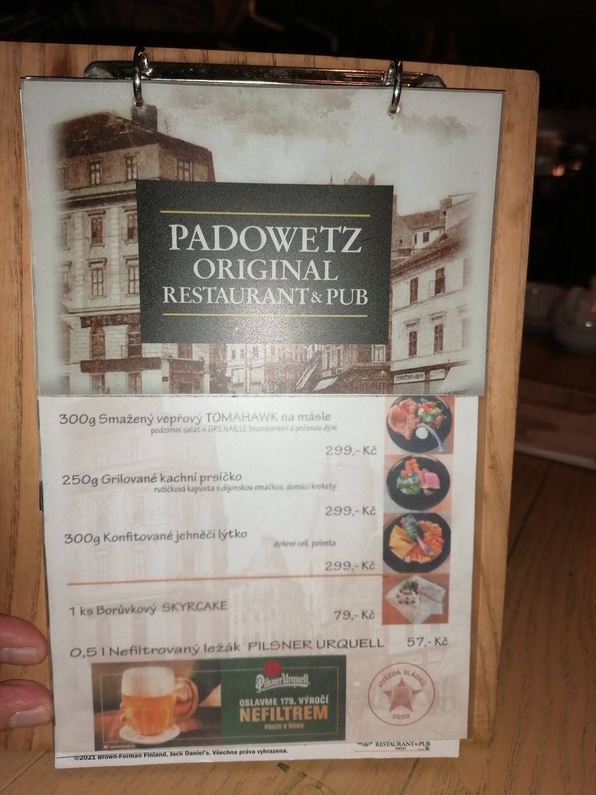 Menu at RESTAURANT&PUB PADOWETZ Pilsner Urquell, Brno