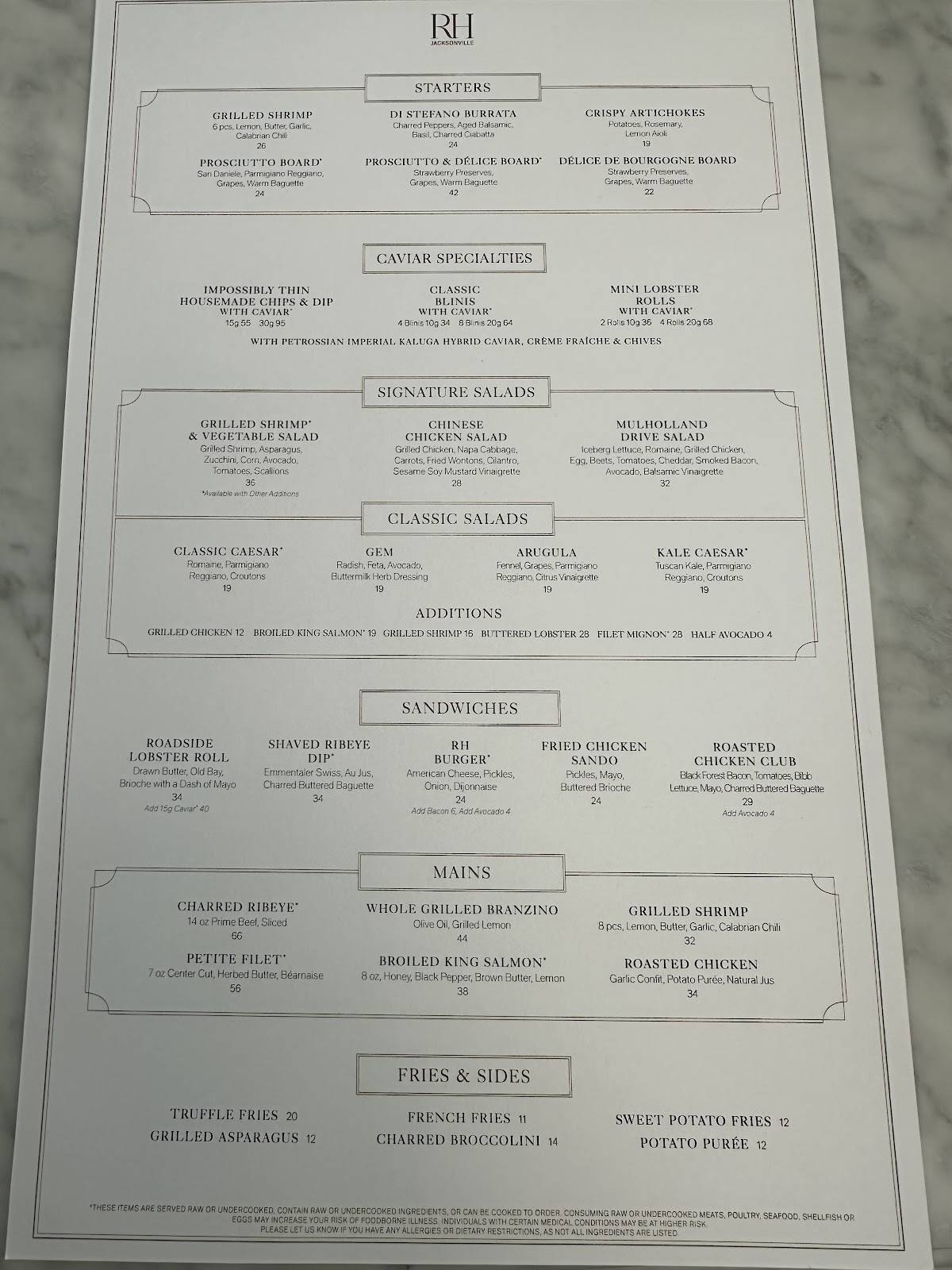 Menu at RH Rooftop Restaurant at RH Jacksonville, Jacksonville