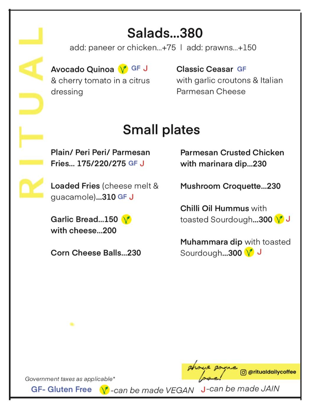 Menu at RITUAL daily coffee, Mumbai