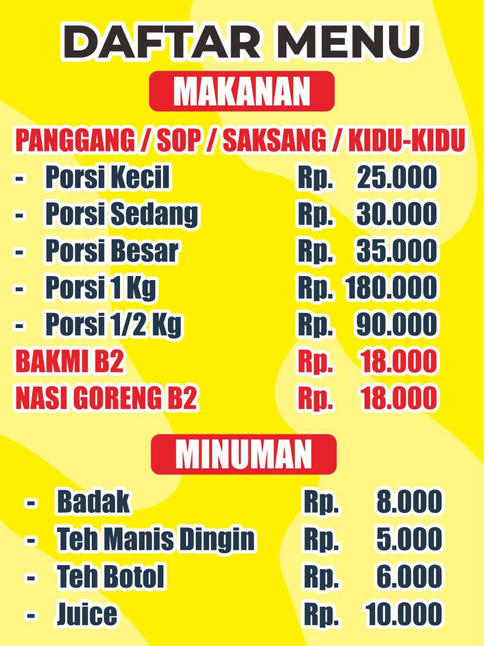 Carta del restaurante RM BREKA BPK ( KHAS KARO ), Medan