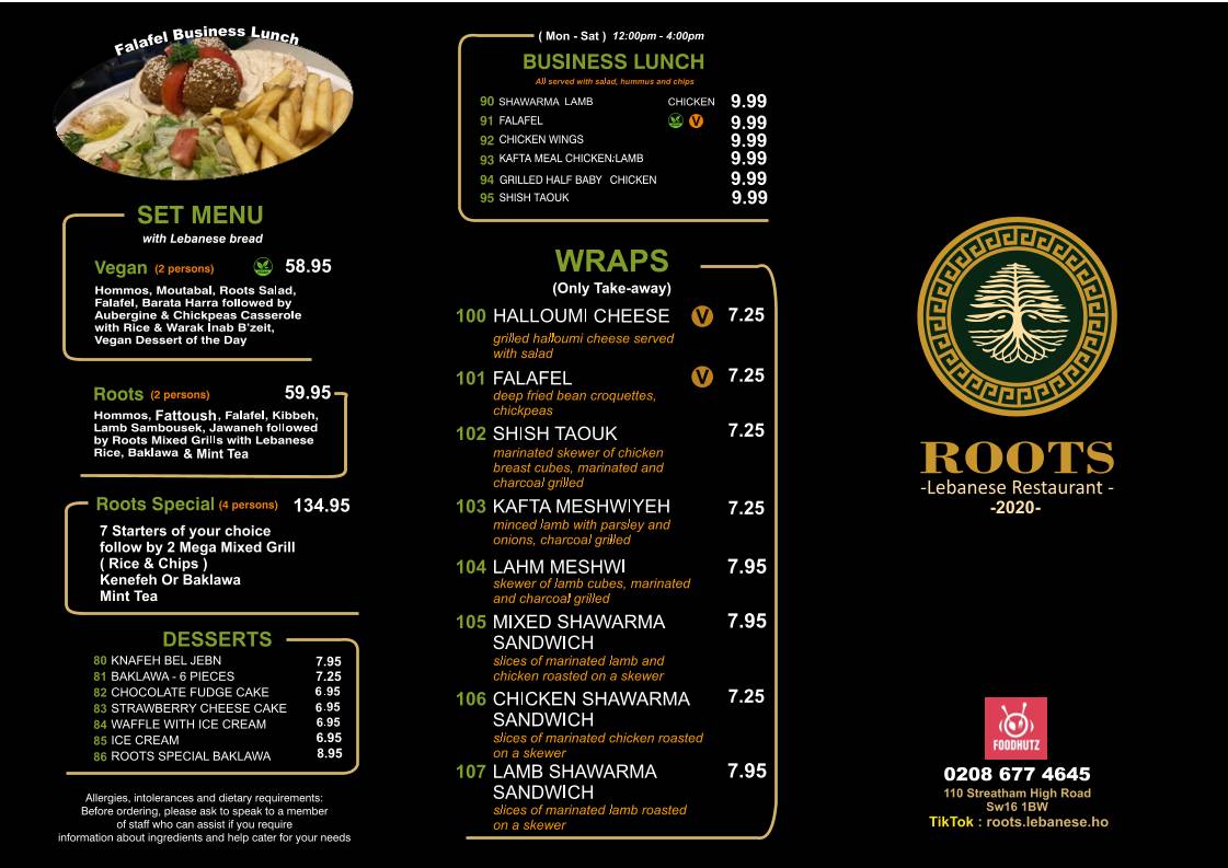 Menu at ROOTS RESTAURANT, London, 110 Streatham High Rd