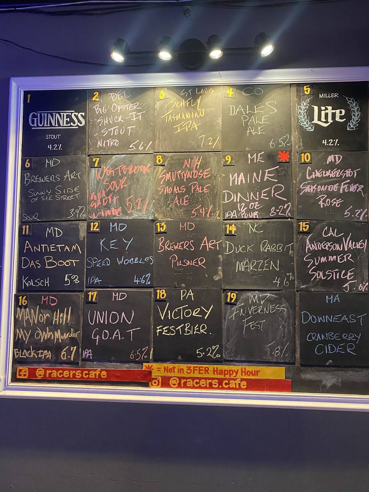 Menu at Racers' Cafe, Parkville