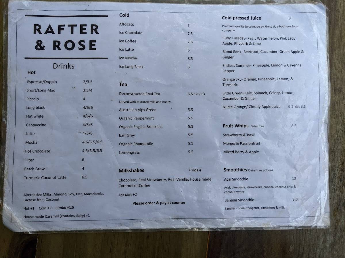 Menu at Rafter & Rose restaurant, Ipswich