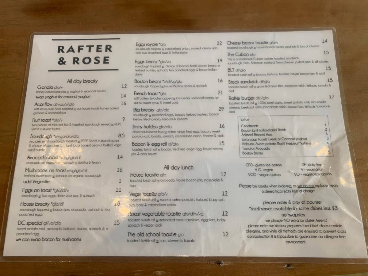 Menu at Rafter & Rose restaurant, Ipswich