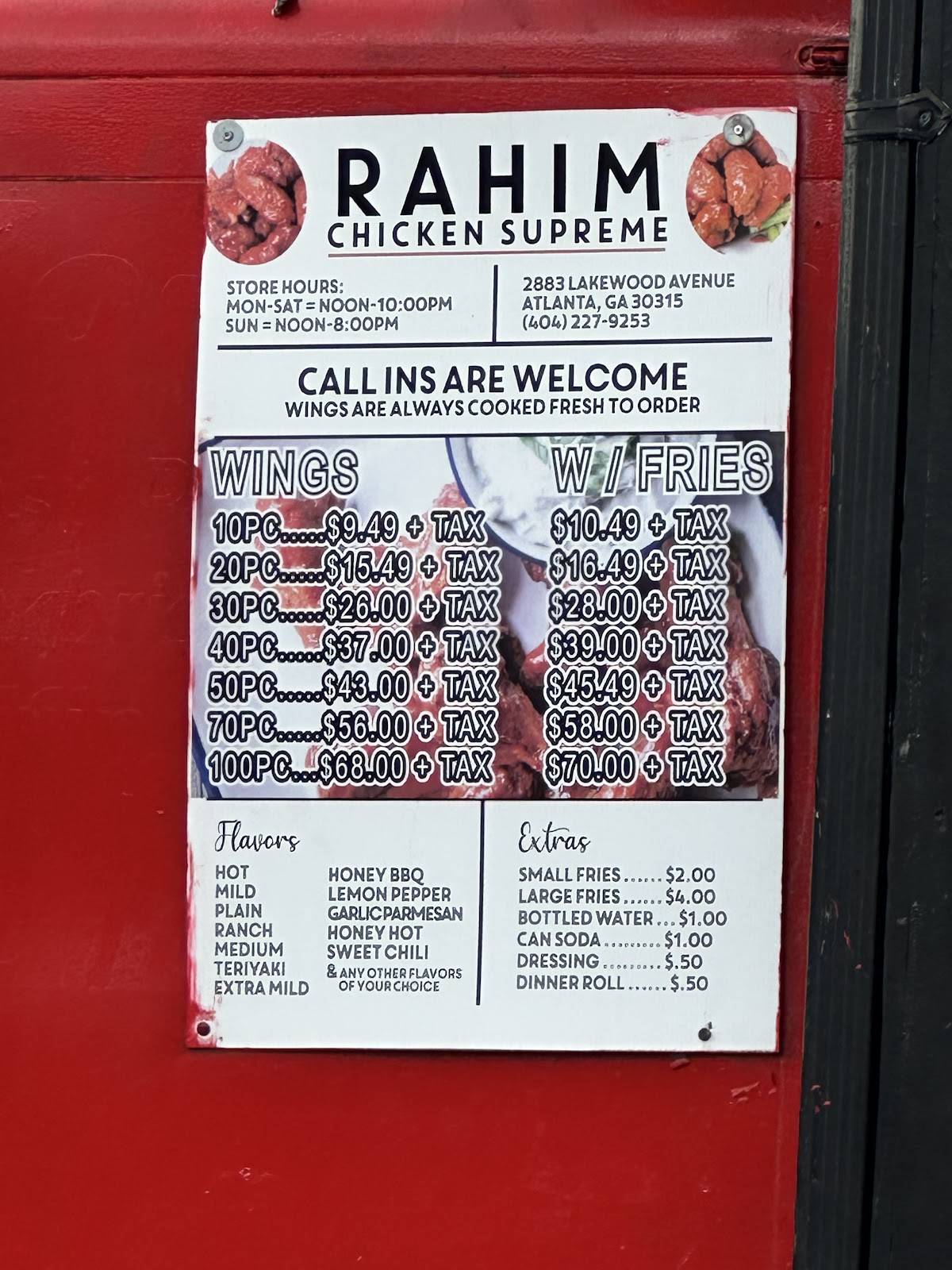 Menu at Rahim Chicken Supreme restaurant, Atlanta