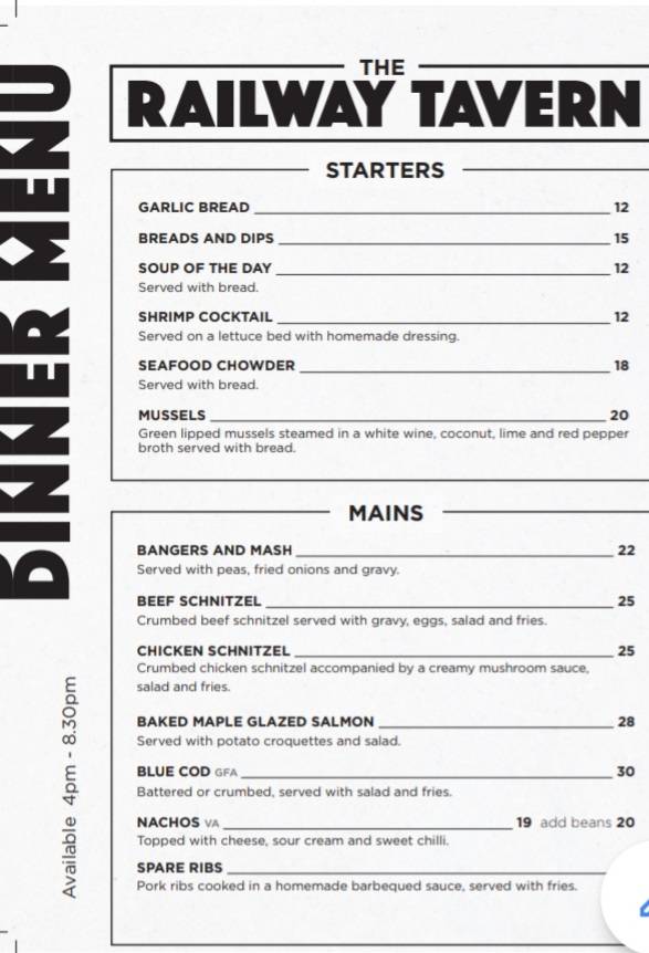 Menu at Railway Tavern Bar, Amberley