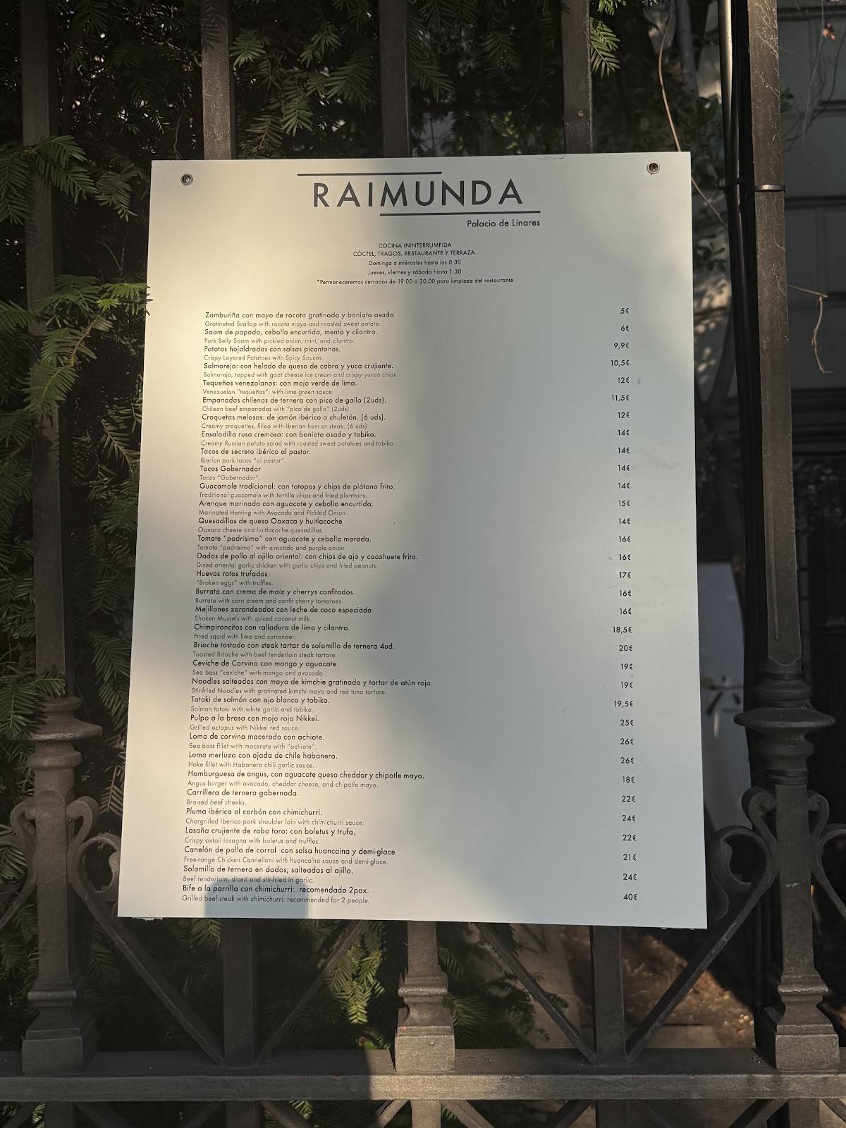 Carta del restaurante Raimunda, Madrid