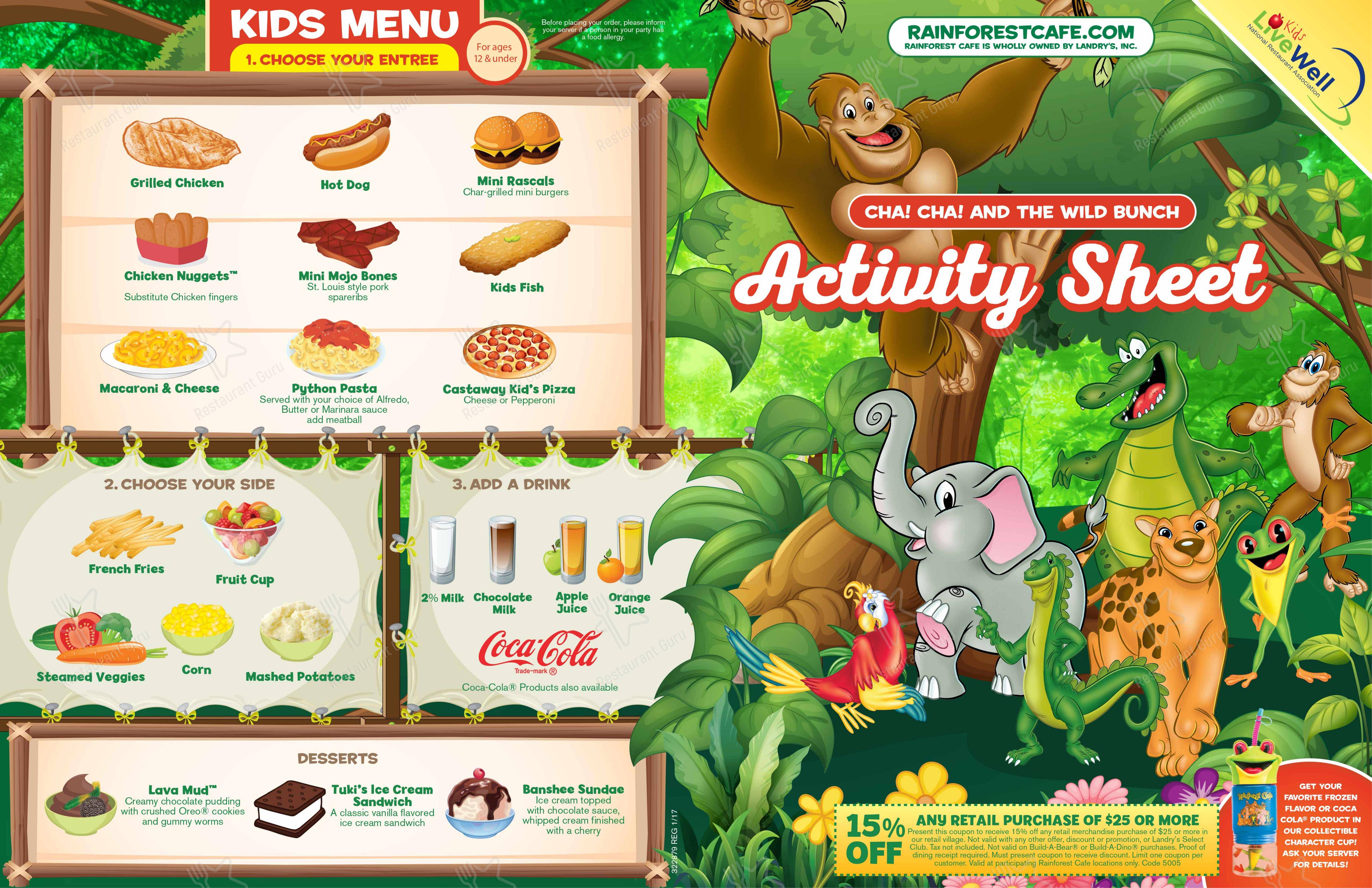 Menu at Rainforest Cafe Niagara Falls Canada, Niagara Falls, Clifton Hill