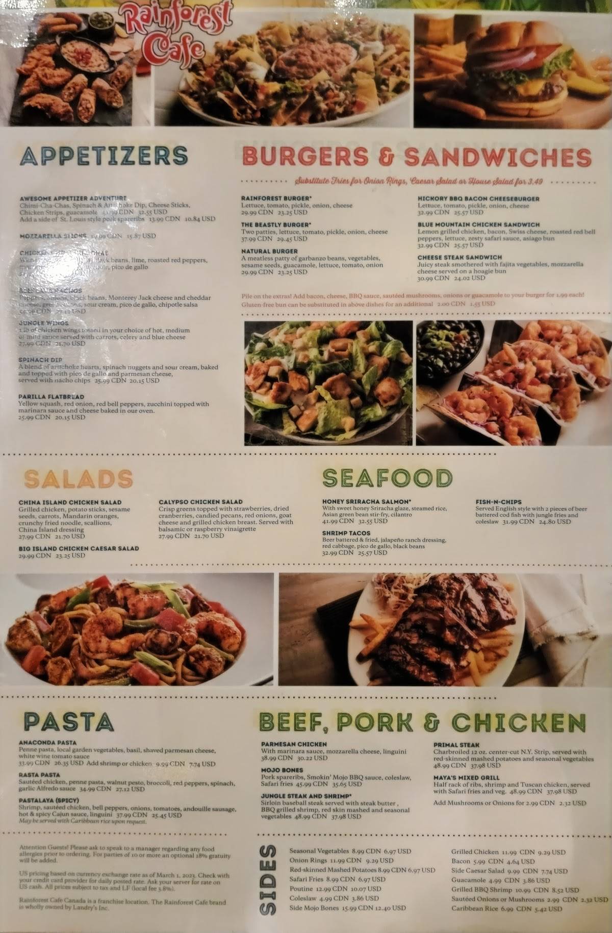 Menu at Rainforest Cafe Niagara Falls Canada, Niagara Falls, Clifton Hill