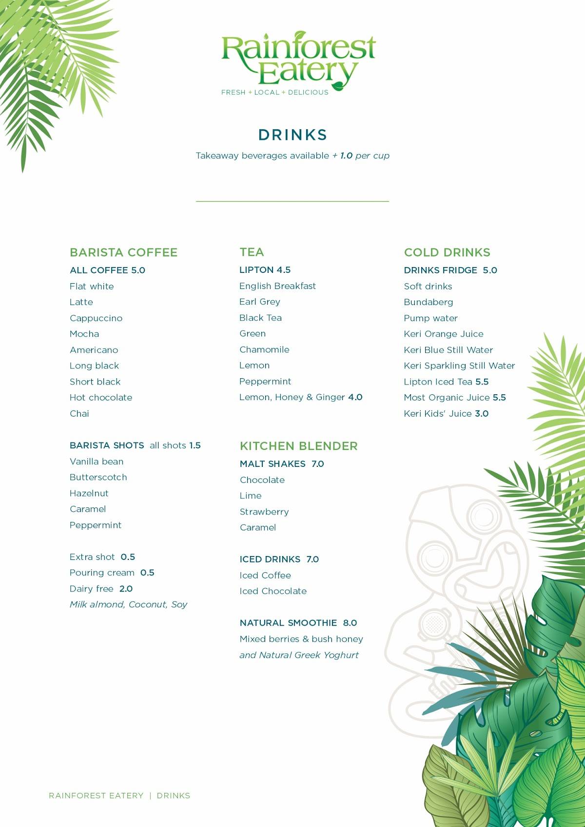 Menu at Rainforest Eatery cafe, New Zealand