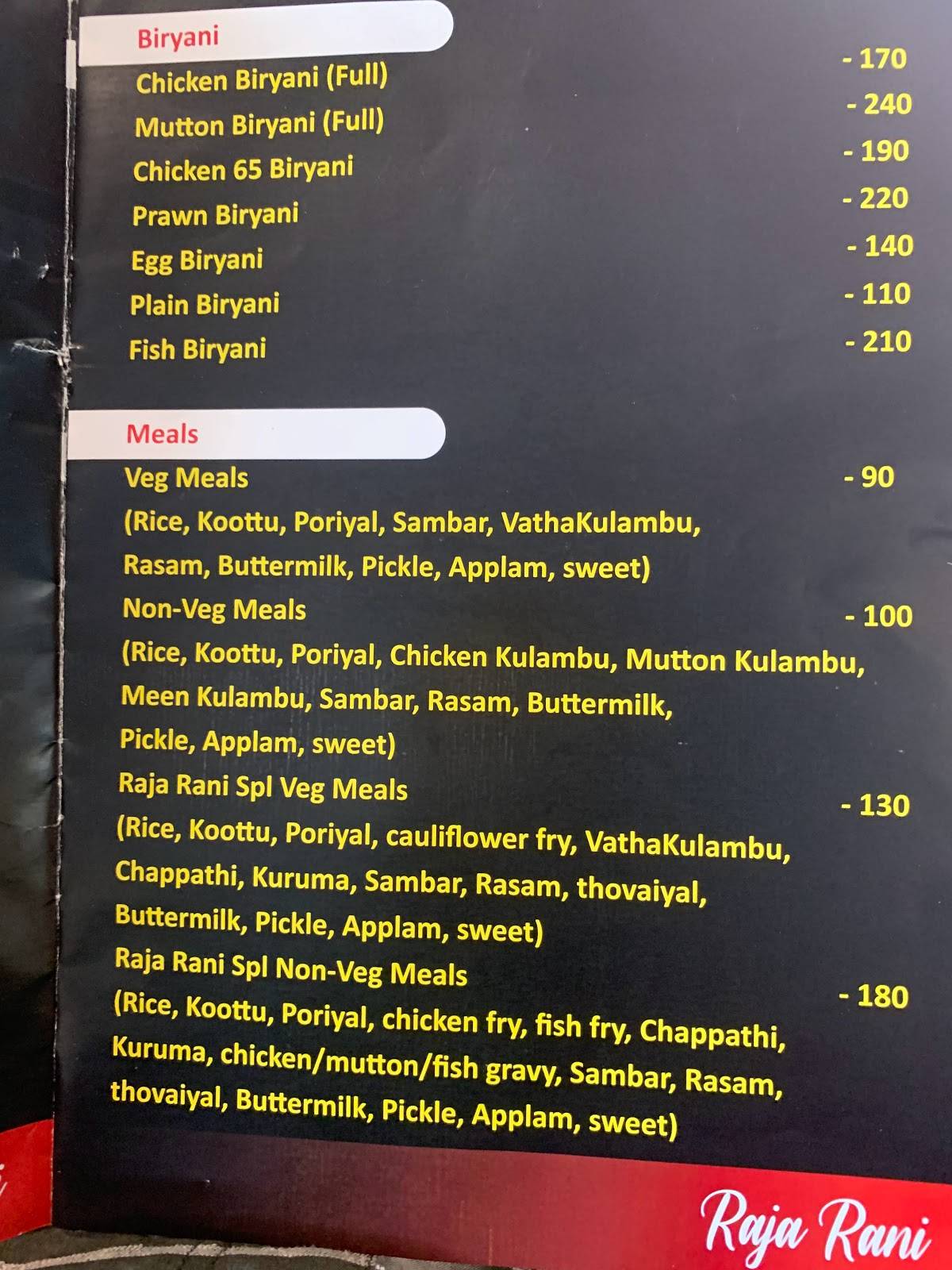 Menu at Raja Rani Family Restaurant A/C (Veg & Non Veg), Chennai