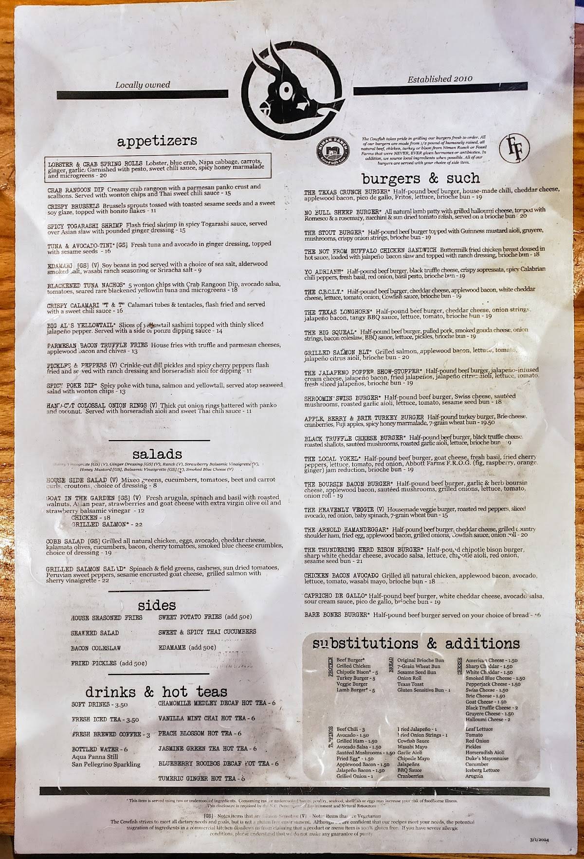 Menu at The Cowfish Sushi Burger Bar, Raleigh