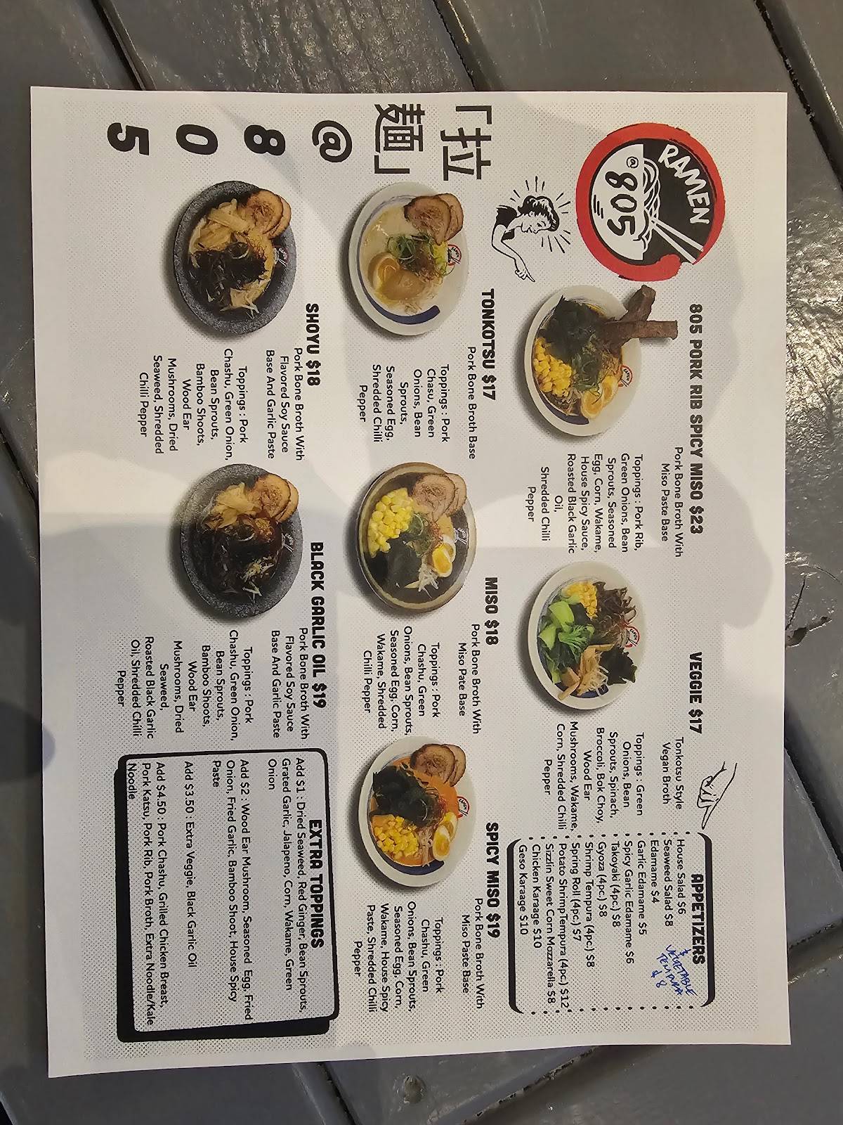 Menu at Ramen @ 805 restaurant, Paso Robles