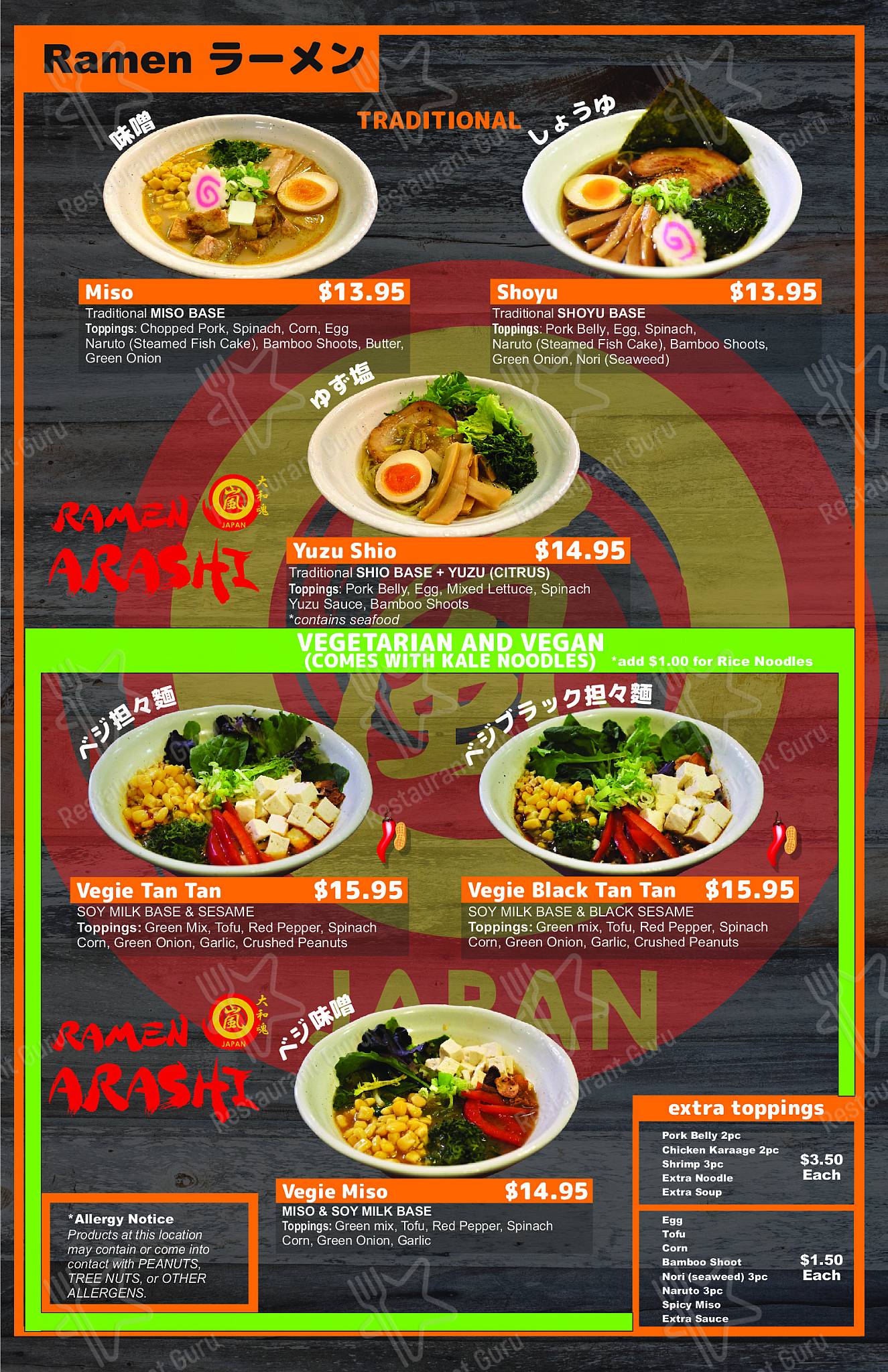 Menu at Ramen Arashi restaurant, Victoria