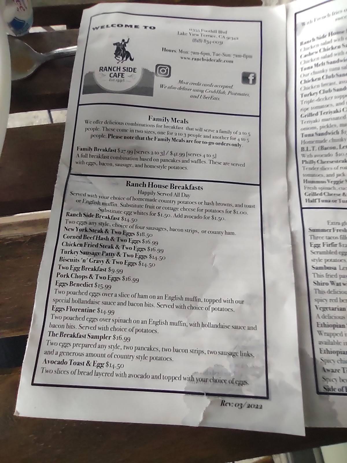 Menu at Ranch Side Cafe, Los Angeles, Foothill Blvd