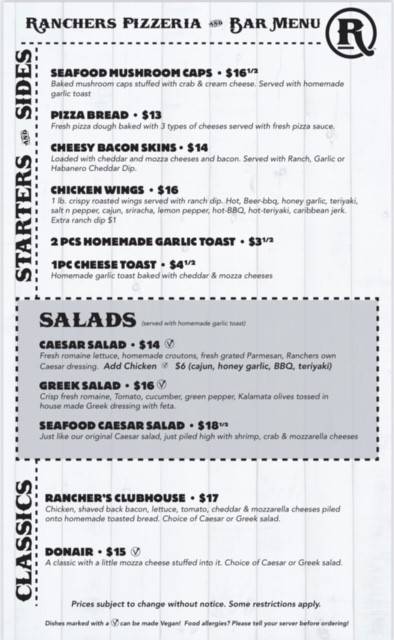 Menu at Rancher's Pizzeria and Bar, Blind Bay