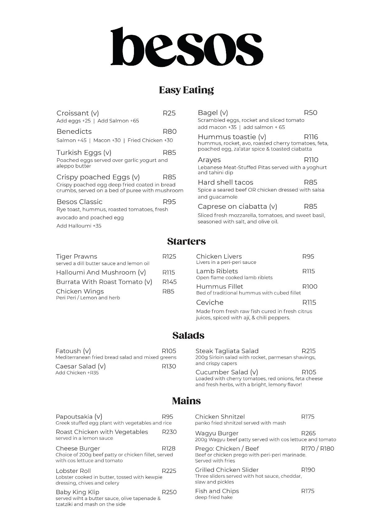 Menu at Besos Restaurant, Randburg