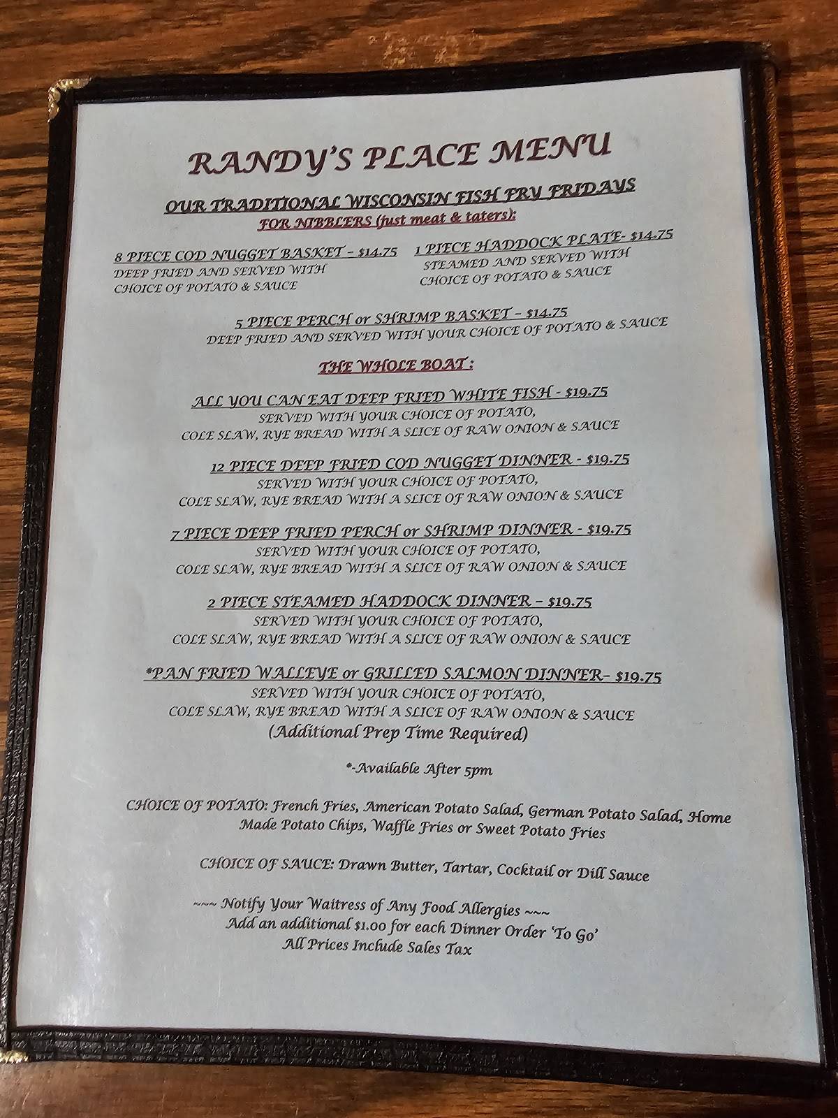 Menu at Randy’s Place Bar & Bowl, Suring