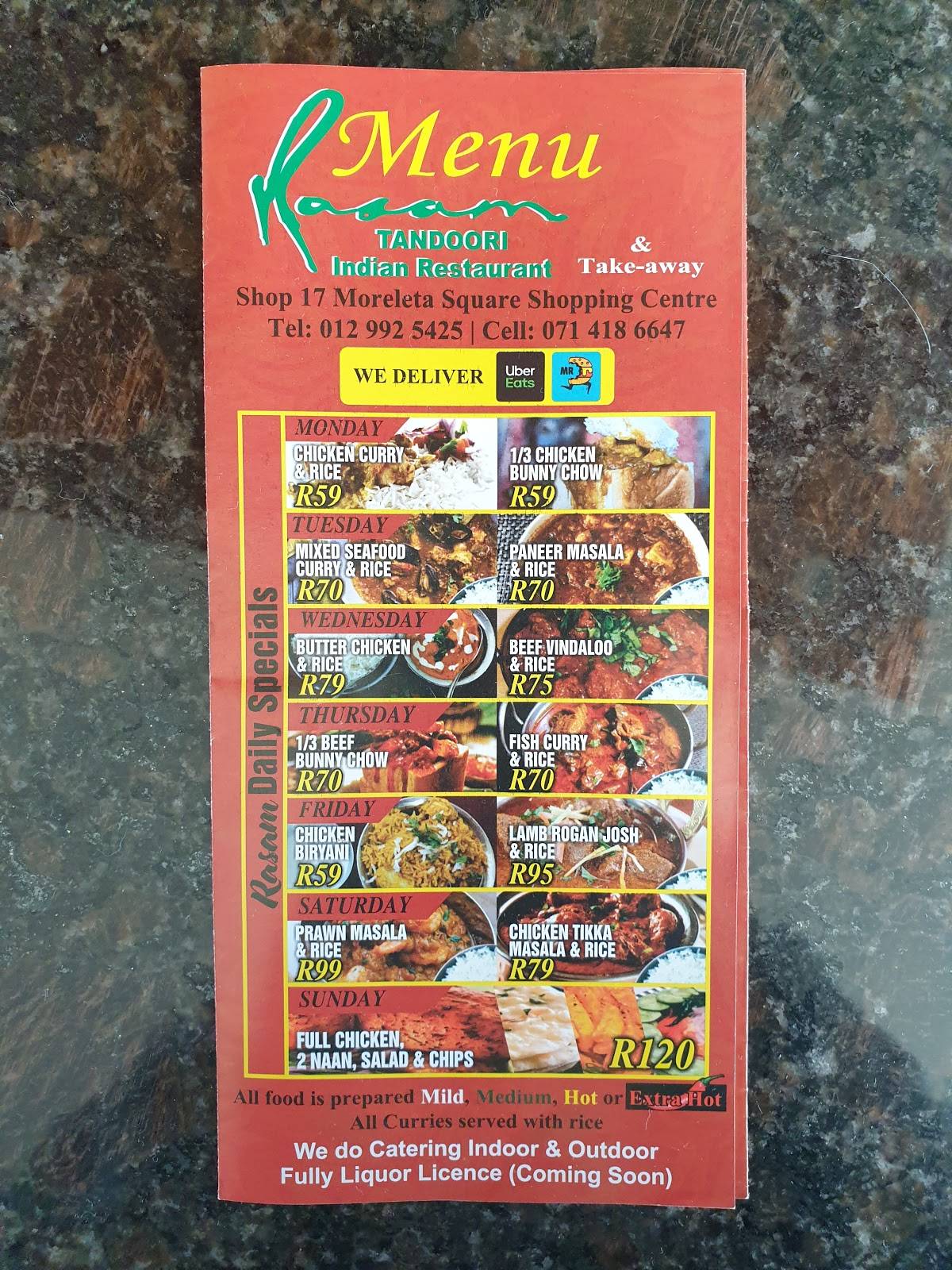 Menu at Rasam Tandoori Indian Restaurant & Takeaway @ moreleta park ...