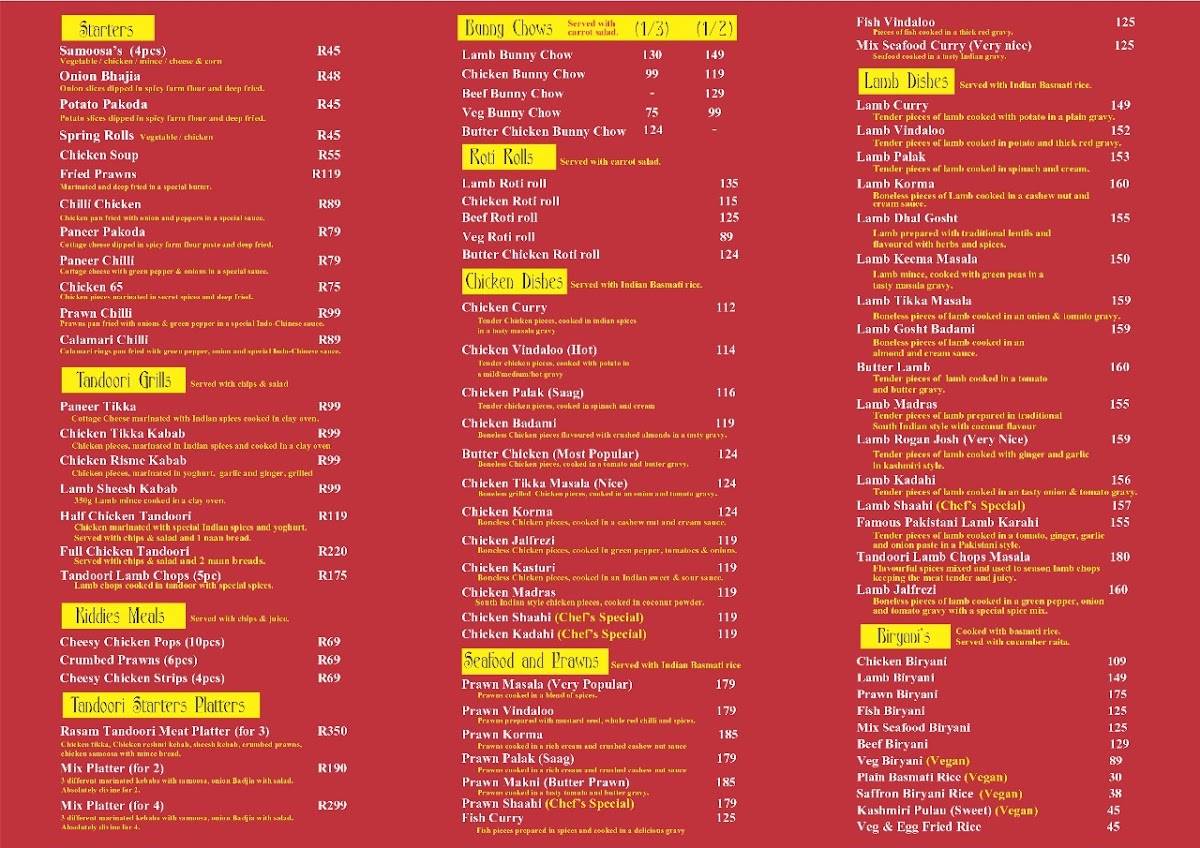 Menu at Rasam Tandoori Indian Restaurant & Takeaway @ moreleta park ...