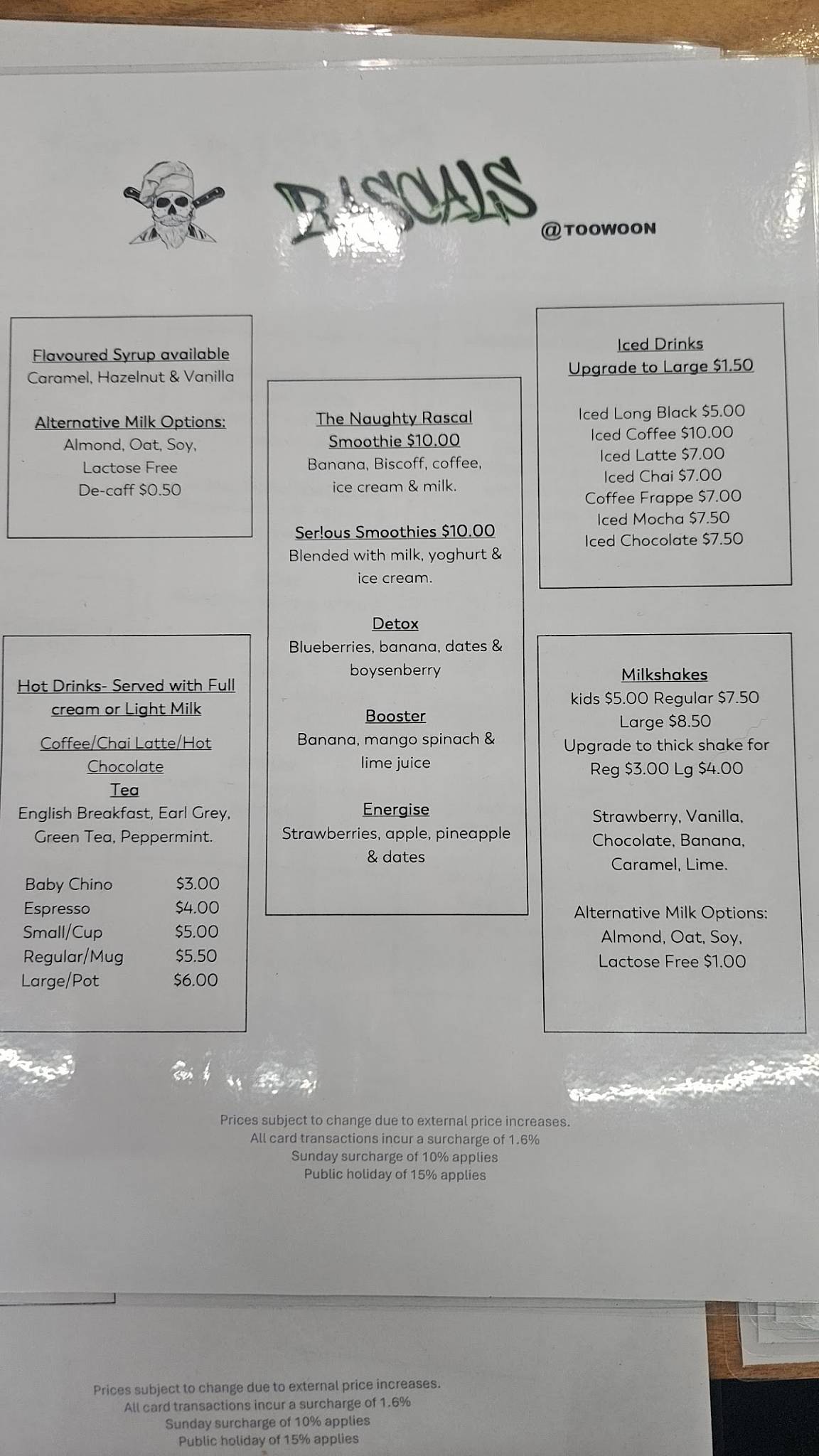 Menu at Rascal's @ Toowoon cafe, Toowoon Bay