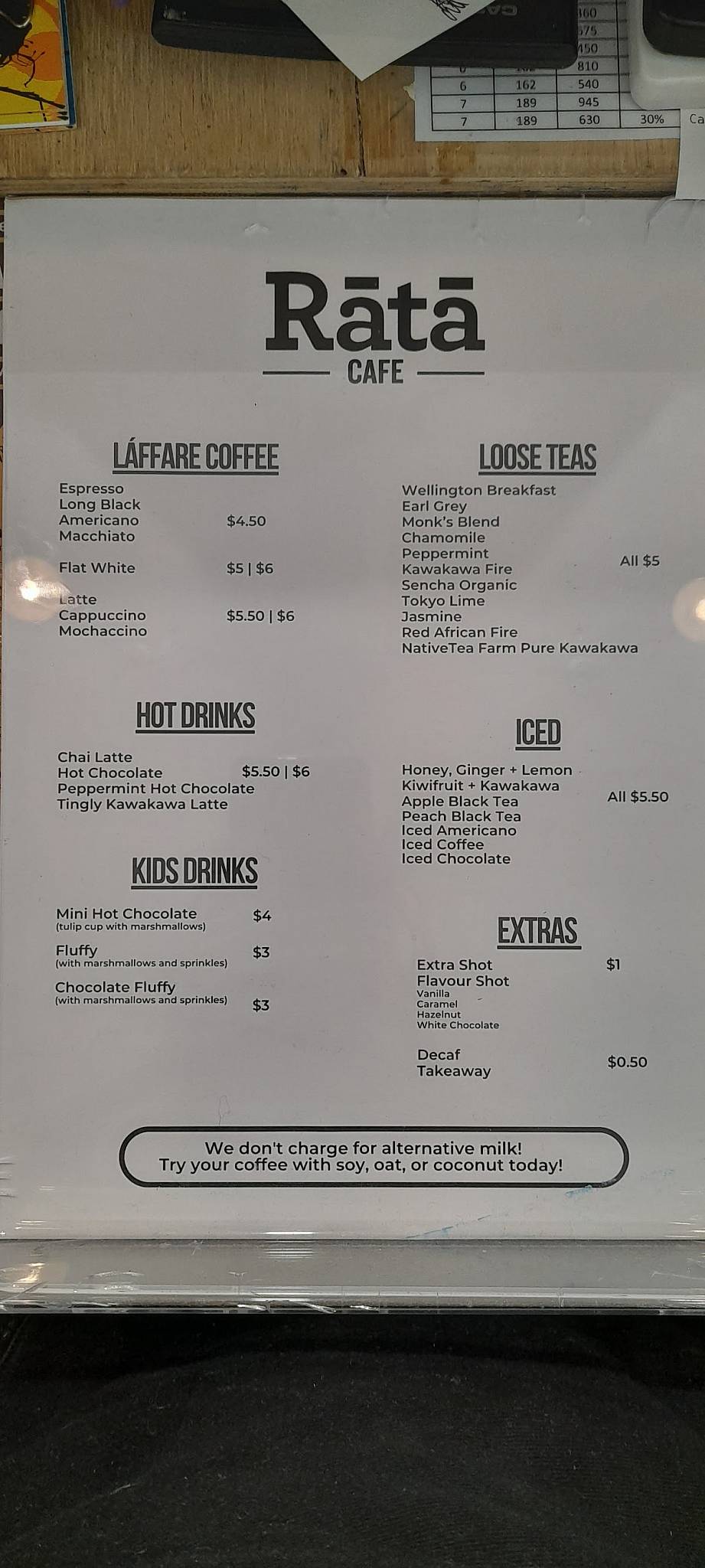 Menu at Rātā Café cafe, Wellington