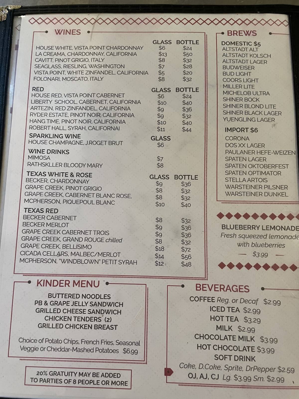 Menu at Rathskeller Bistro restaurant, Fredericksburg