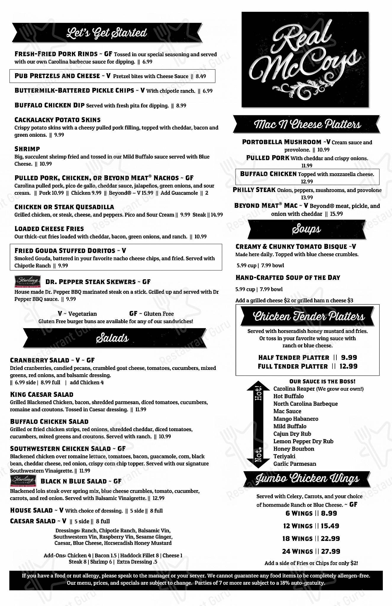 Menu at Real McCoy's restaurant, Wake Forest