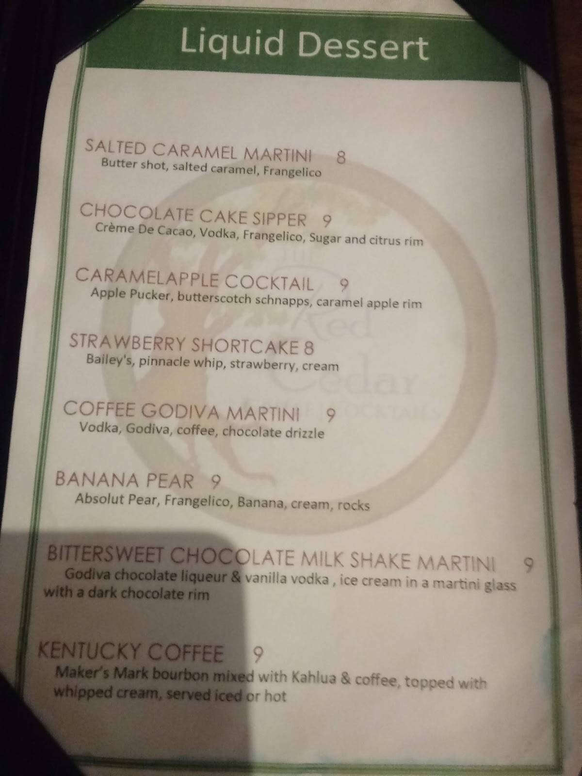 Menu at Red Cedar Grille & Cocktails steakhouse, Colmar