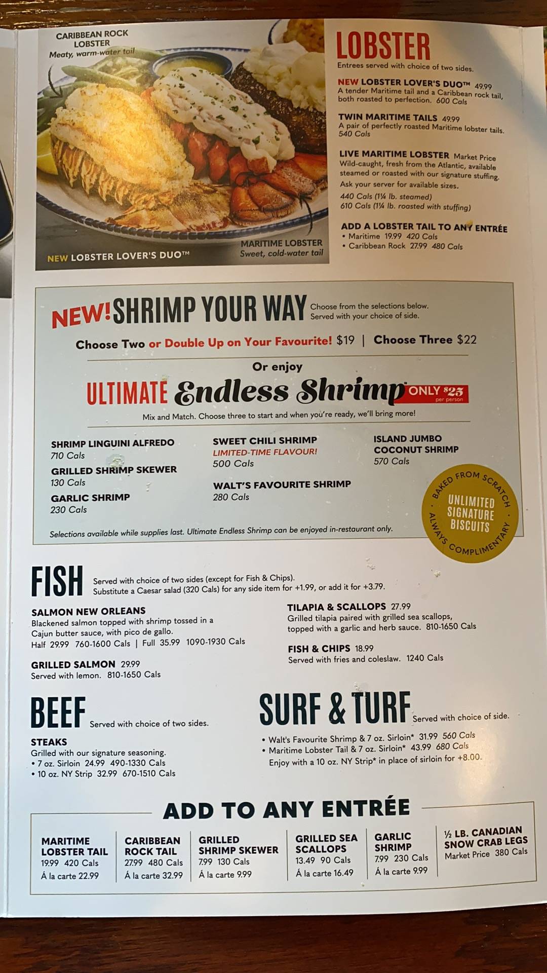 Menu at Red Lobster restaurant, Barrie