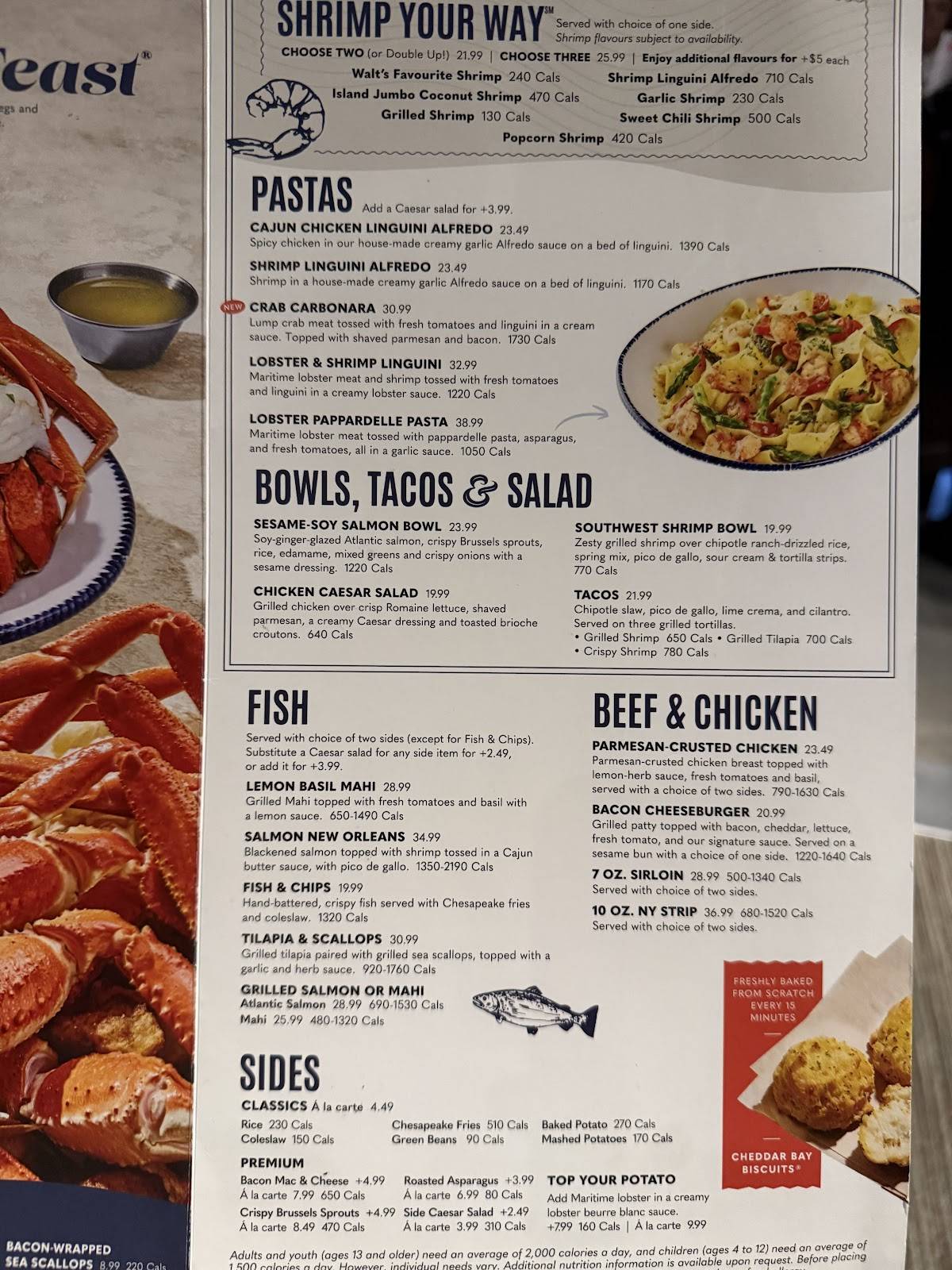 Menu at Red Lobster restaurant, Ottawa, St. Laurent Blvd